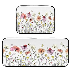 xigua 2 Piece Colorful Wildflowers Anti-Fatigue Kitchen Rug, Waterproof Non-Slip Kitchen Mats and Comfort Elastic Cotton Interlayer Rug for Kitchen, Floor Home, Office, Sink, Laundry