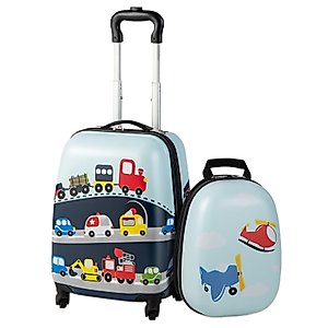 GYMAX Kids Carry On Luggage Set, 12" & 16" 2PCS Rolling Suitcase (Little Airplane)