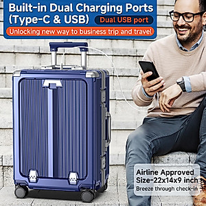 SOMODE Airline Approved Carry On Luggage with Spinner Wheels,Aluminum Framed Carry On Suitcase with Front Laptop Compartment/Cup Holder,22×14×9 inch Checked-in Luggage with Flexible Handle (Blue)