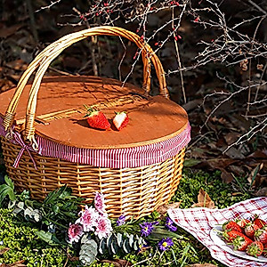 Wicker Picnic Basket with Liner, Wooden Split Lid Picnic Basket, Vintage-Style Wicker Picnic Hamper with Folding Woven Handle for Picnic, Camping, Outdoor, Valentine Day, Thanks Giving, Birthday (Red)
