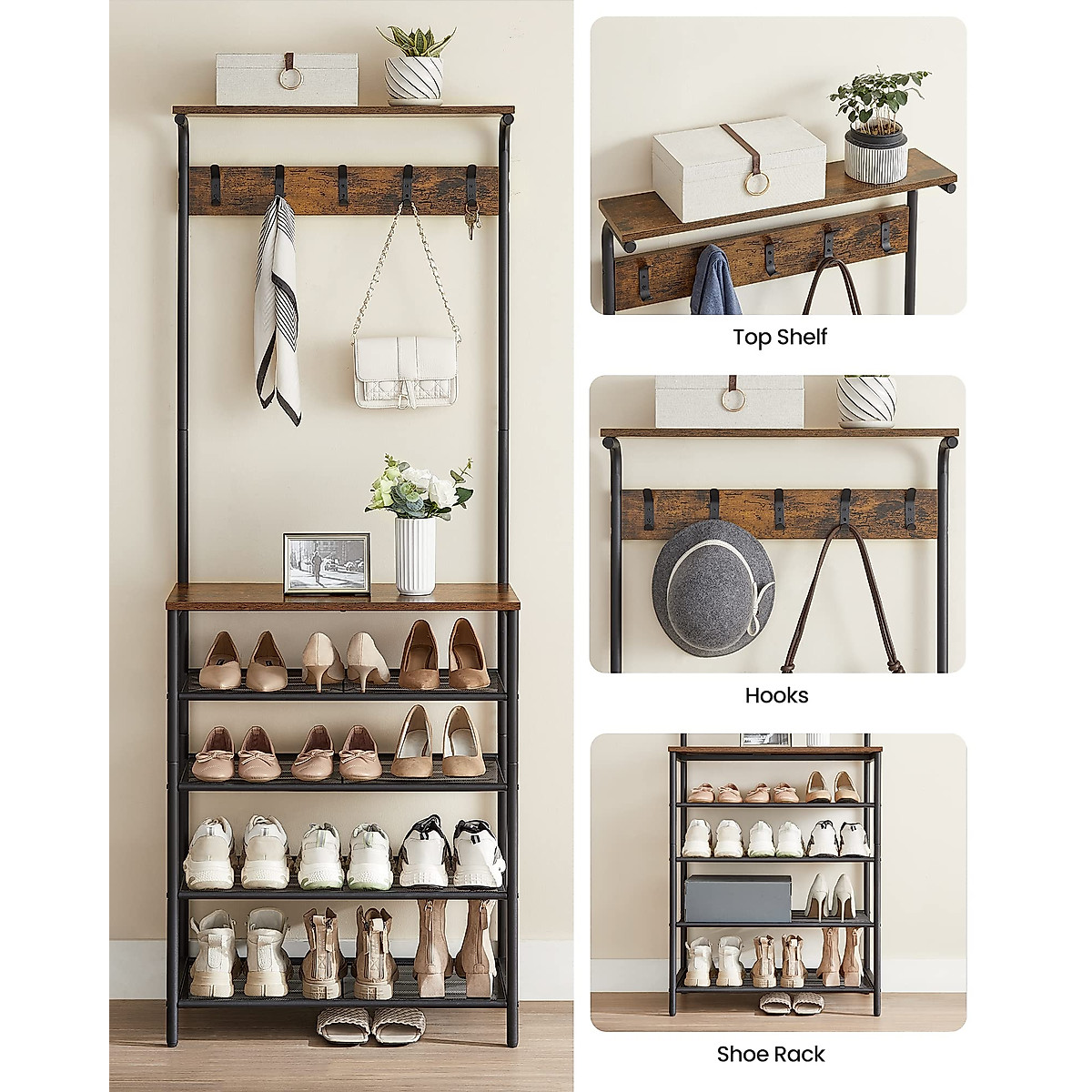 VASAGLE Hall Tree with Shoe Bench, Coat Rack Shoe Bench, 5-Tier Shoe Rack Different Heights, 5 Dual Hooks, Top Shelf, Entryway Organizer, Hallway Bedroom Dorm, Rustic Brown and Black UHSR412B01