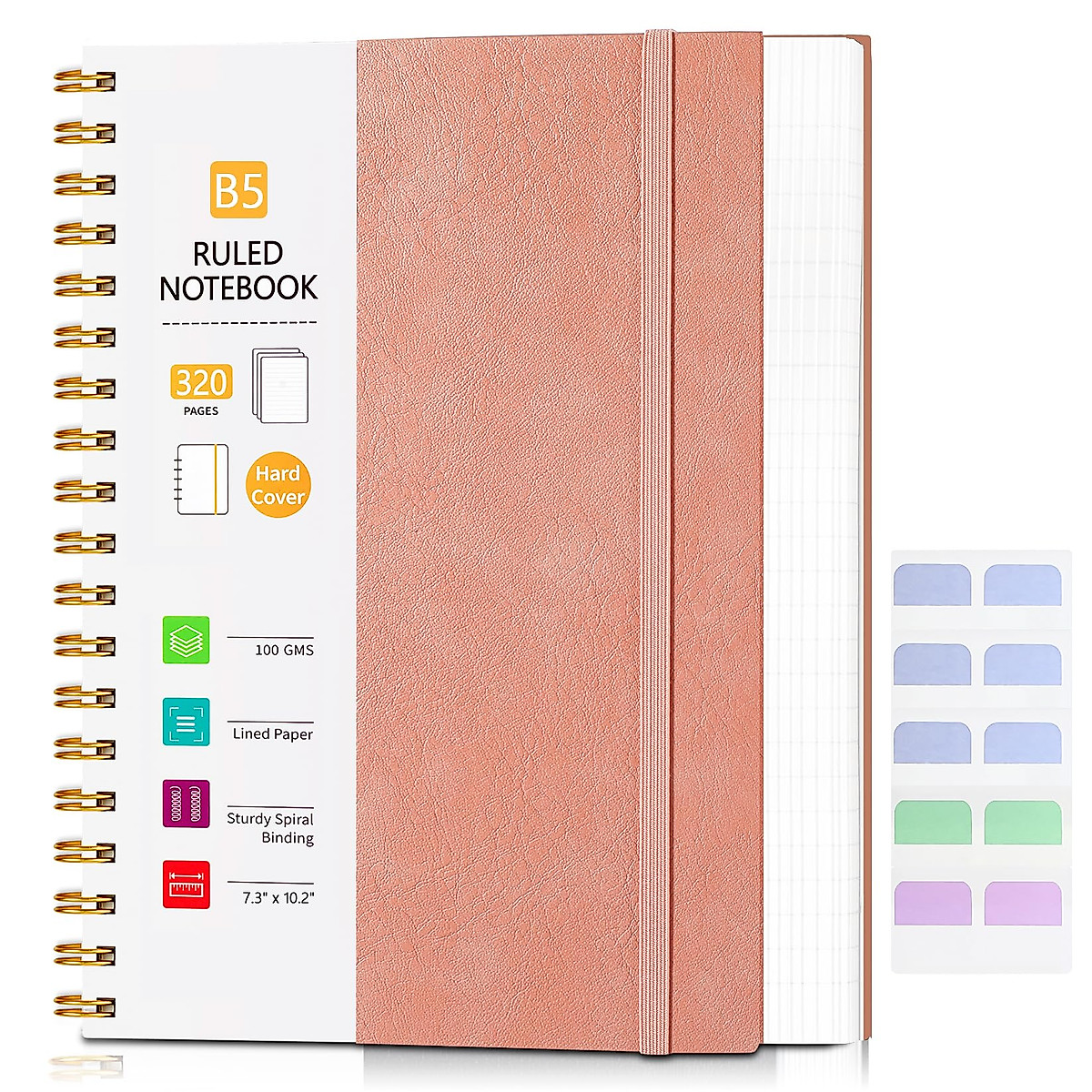 Hardcover Spiral Notebook, College Ruled Notebook Journal with 320 Pages, 7.6" X 10" Lined Journaling for Women Men, B5 Leather Writing Journals for Work, School, Office, 18pcs Index Tabs, Pink