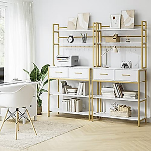 HITHOS Industrial 5-Tier Kitchen Bakers Rack with 2 Drawers, Microwave Oven Stand with Storage Shelves and Hutch, Kitchen Shelf with Storage, Coffee Bar for Living Room, Home Office, Gold White