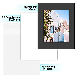Golden State Art, Acid Free, Pack of 25 11x14 Black Picture Mats Mattes with White Core Bevel Cut for 8x10 Photo + Backing + Bags