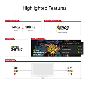 ASUS ROG Swift 360Hz 27” 1440P HDR Gaming Monitor (PG27AQN) - QHD (2560 x 1440), Fast IPS, 1ms, G-SYNC, Eye Care, HDMI, DisplayPort, USB, Ergonomic Design, VESA Wall Mountable, HDR10, DisplayHDR600