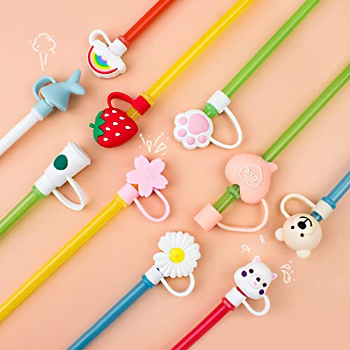 SOLUSTRE 10Pcs Silicone Straw Covers Cap Reusable Straw Tips Lids Cute Straw Caps Straw Topper Straw Tip Covers Protectors for Accessories, Random Style