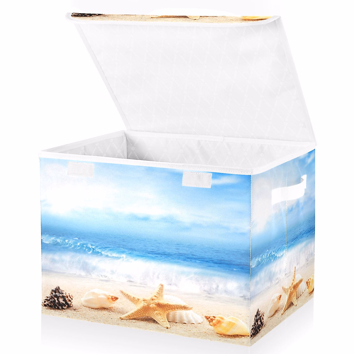 DIGTIA Storage Bins with Lids Beach Theme Seashell Foldable Storage Boxes with Handles Starfish Ocean Wave Large Storage Basket Collapsible Organizer Containers for Closet Home Bedroom Office