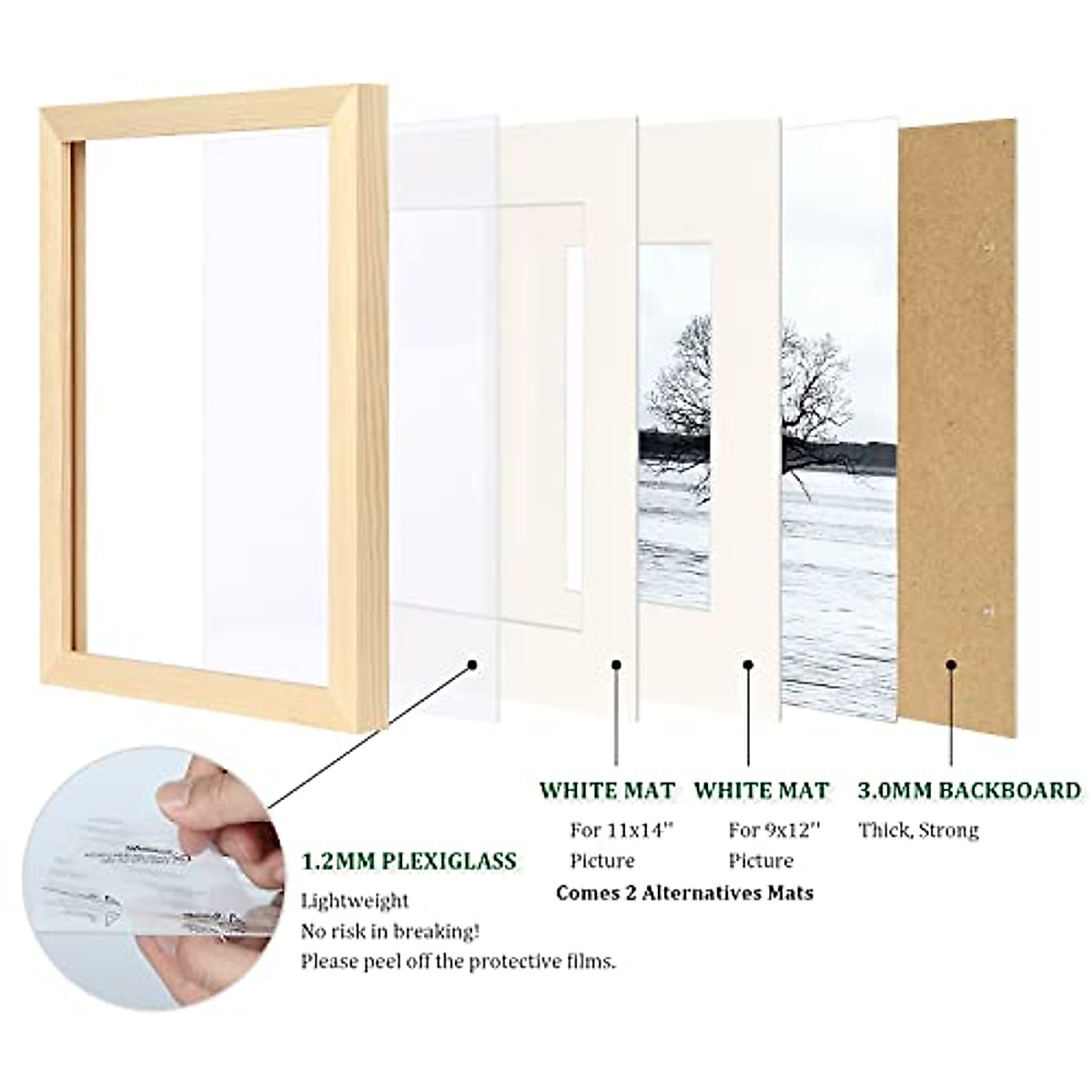 Egofine 12x16 Picture Frame Natural Wood with Plexiglass Made of Solid, Display Pictures 9x12/11x14 with Mat or 12x16 Without Mat for Tabletop and Wall Mounting