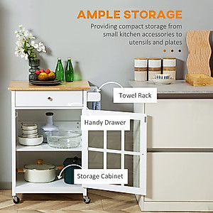 HOMCOM 27" Rolling Kitchen Island Cart with Drawer and Glass Door Cabinet, Kitchen Trolley with Adjustable Shelf and Towel Rack, White