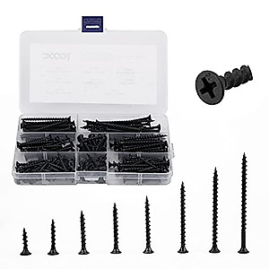 XOOL 200PCS Drywall Screws #7 Coarse Thread Sharp Point Self Tapping Screws Assortment Kit Black, Carbon Steel Wood Screws for Drywall Sheetrock, Wood, Furniture Cabinet