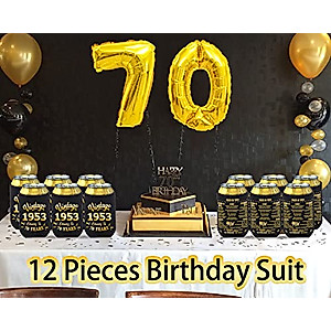 BdayPtion 70th Birthday Decorations for Men Women, 70th Party Decorations, 70 Year Old Bday Party Supplies, Seventy Birthday Present, Black and Gold Pack of 12 Can Cooler Sleeves