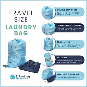 EzPacking Travel Laundry Bag with Drawstring/Foldable Compact Lightweight Small Travel Size for Suitcase / (22” X 16”) / Clean Dirty Clothes Wash Bag/Nylon Blue/Washable/For Women Men Kids Baby
