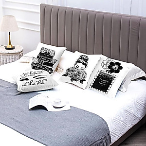 HSINYA Set of 4 18x18 Couch Bed Decorative Pillow Covers Black White Throw Pillow Covers Fashion Girls Bling Perfume Eyelashes High Heels Sayings Gray Flowers Cute Accent Pillow Covers (Black White)