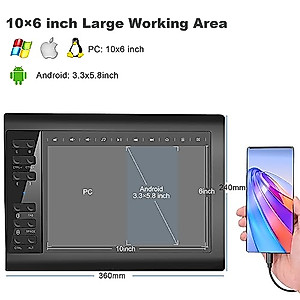 TEROW Graphics Drawing Tablets, 10 x 6 inch Graphics Writing Tablet with Roll Key Design and 8192 Levels Battery-Free for PC/Mac/Android 5.0 and Above with OTG Function for Drawing and Online Teaching