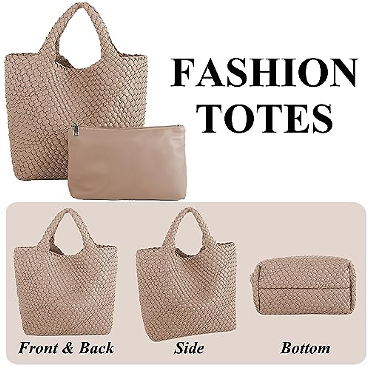 Women Vegan Leather Woven Bag, Tote Handbag Large Capacity Shoulder Top-handle Bag Underarm Bag with Purse