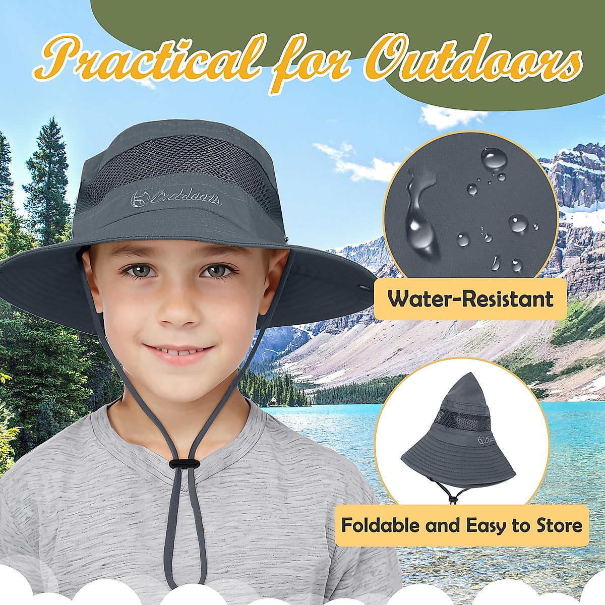 Zando Boys Sun Hat Outdoor Breathable Kids Bucket Hat Boys Girls UPF 50+ Sun Protective Hats for Kids Wide Brim Safari Hat Summer Fishing Camping Hiking Hat Boys Beach Cap Dark Grey 5-13 Years