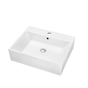 Contemporary Vessel Above-Counter Rectangle Ceramic Art Basin with Single Hole for Faucet and Overflow, White