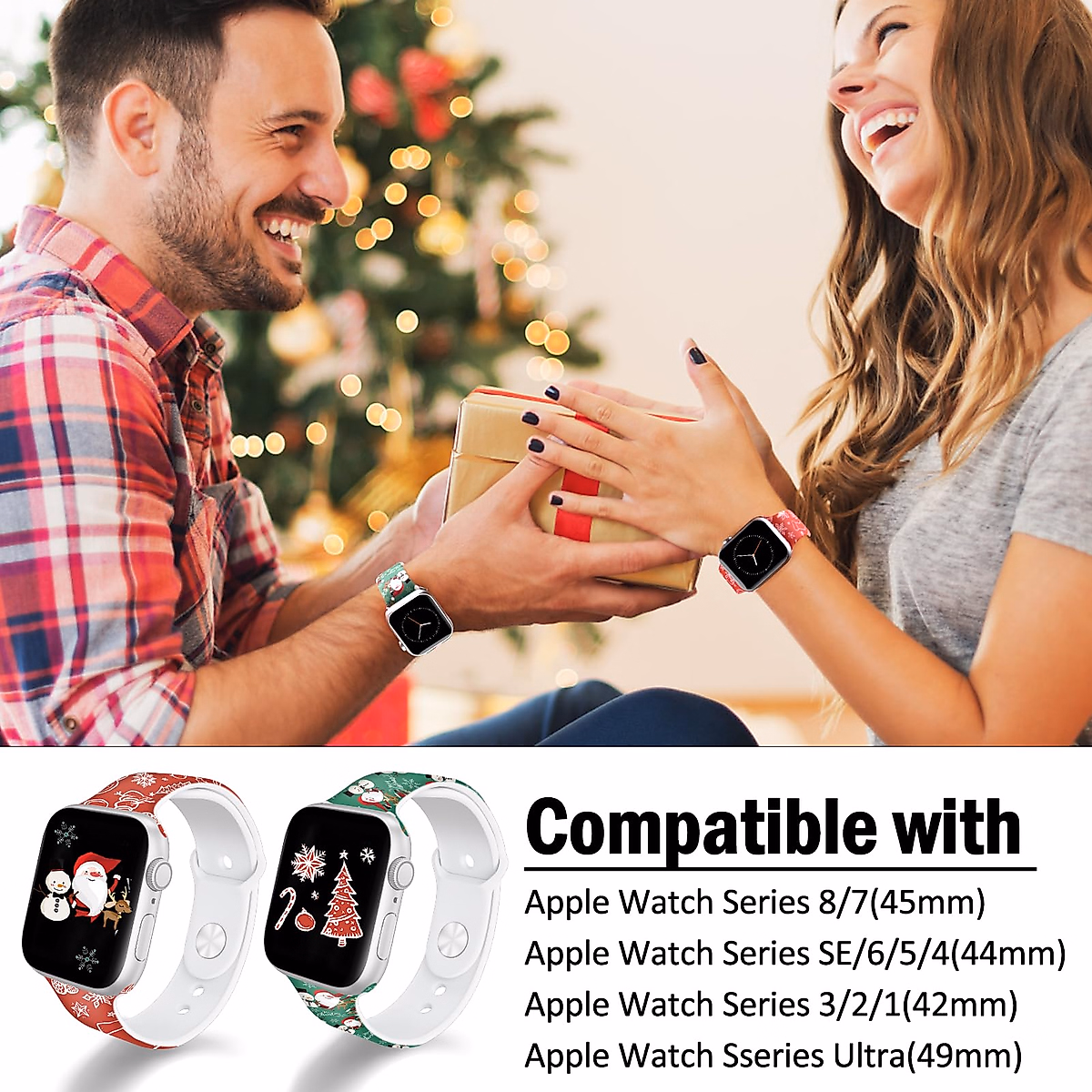 2 Pack Christmas Band Compatible with iWatch SE Series 10 9 8 7 6 5 4 3 2 1 Women Men Apple Watch Bands 46mm 45mm 44mm 42mm(Series 3), Xmas Holiday Adjustable Silicone Strap
