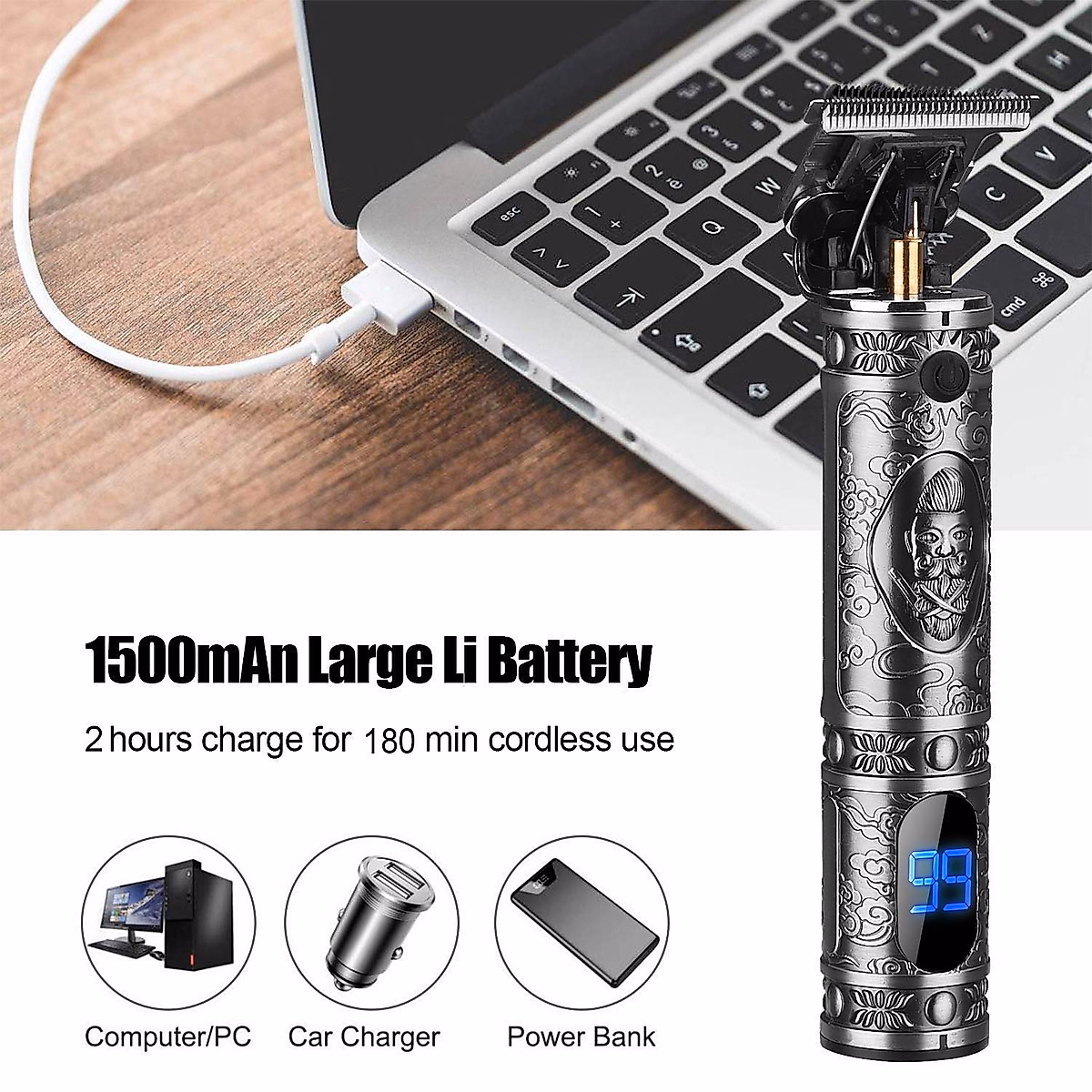 Suttik Hair Trimmer for Men, Professional Hair Clippers for Barber, Beard Trimmer for Men, Cordless Edgers Clippers, Ornate Knight T-Blade Close Cutting Trimmer with LCD, Gray