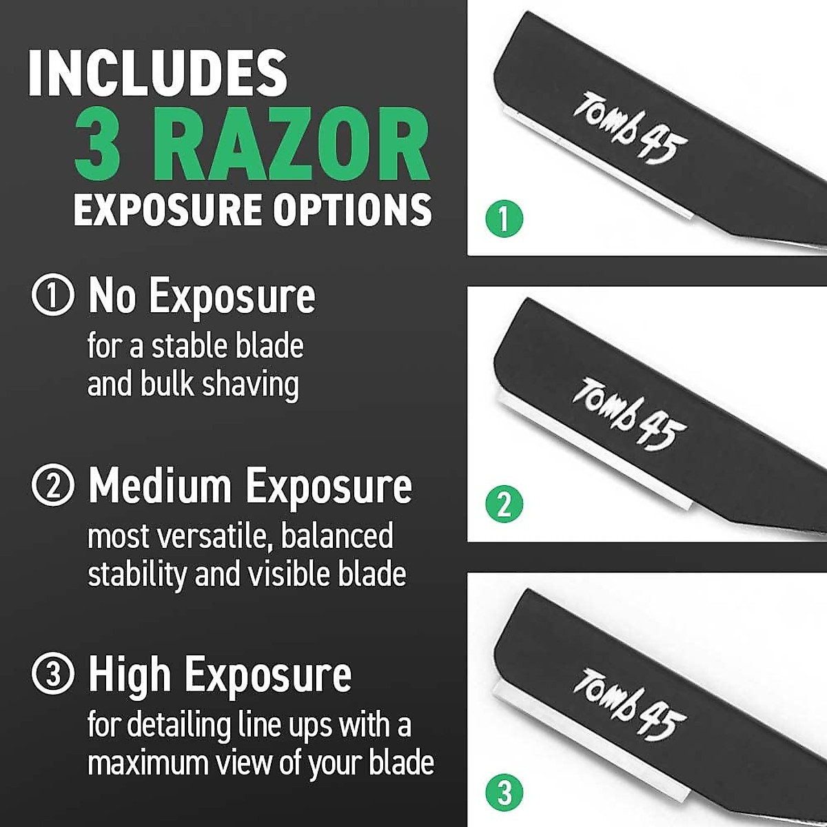 Tomb 45 Triple Cartridge Razor Holder | Disposable Razor Safety Handle For Barbers | 100% Metal Grip & 3 Adjustable Blade Exposure Options For Shaving (Green)