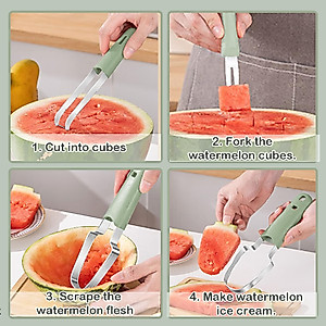 FATUXZ 3-in-1 Watermelon Cutter Slicer Fork, Portable Fruit Slicer Cutter Knife and Watermelon Cube Stainless Steel Popsicle Melon Cutter for Kitchen Gadgets