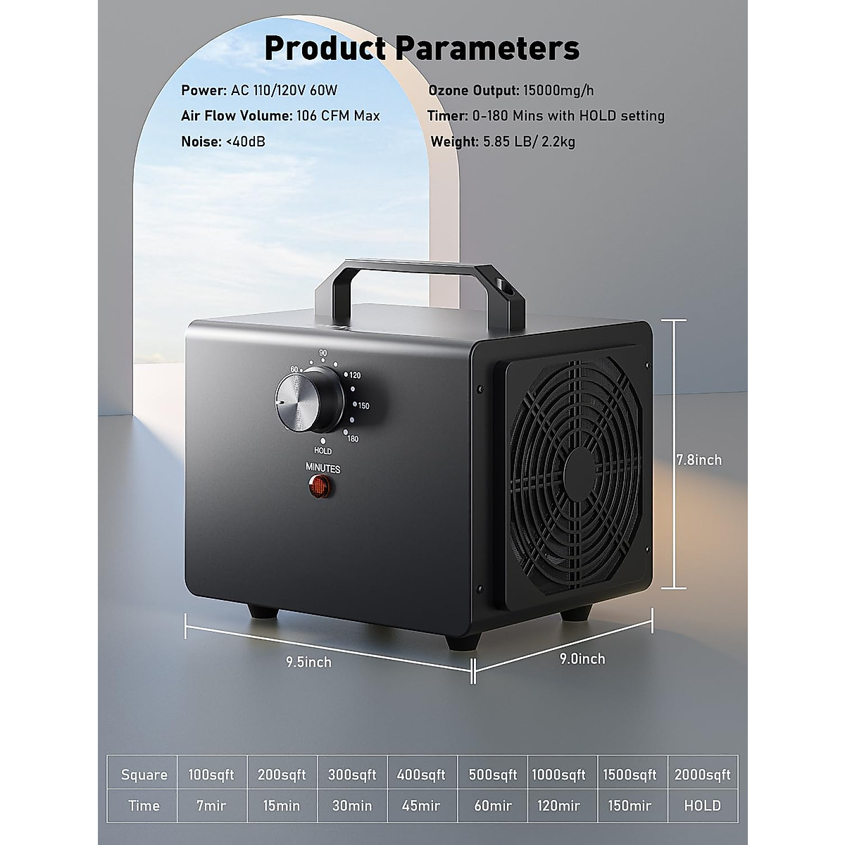 [Strong Ozone 2000 Sq Ft] Ozone Machine Odor Removal 15000mg/h, Ozone Generator Odor Eliminator for Home, Ozone Odor Eliminator, Ionizer Air Purifier Ozone for Home, Car, Smoke, and Pet Room - Black