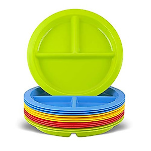 Plaskidy 3 - Compartment Divided Plates for Kids - Set of 12 Plastic Children Trays for Eating with Dividers - 4 Bright Colors (3 of Each Color) Dishwasher Microwave Safe BPA Free for Toddler and Kids