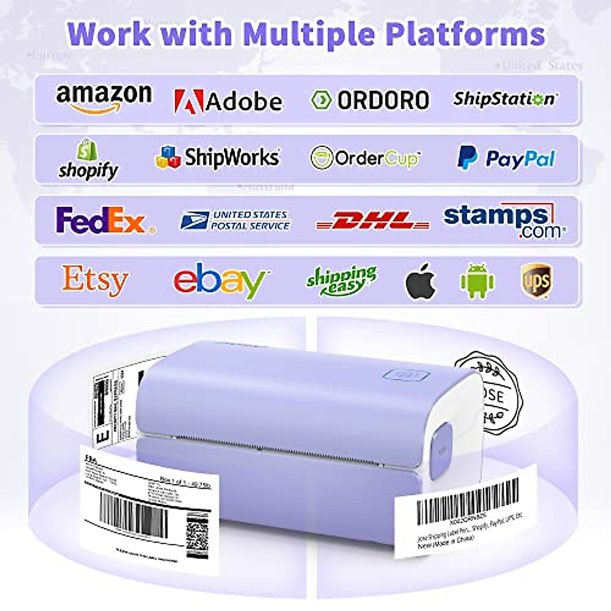 Jiose Bluetooth Thermal Shipping Label Printer - Desktop Shipping Label Printer - Print Custom Stickers - Support Chrome OS, Mac, Windows, Android, iOS for 4x6 Shipping Package Labels