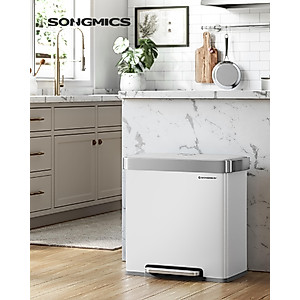 SONGMICS Kitchen, 16 Gallon (2 x 8 Gallon) Dual Compartment Garbage Can, 60L Pedal Recycling Bin, Stay-Open Lid and Soft Closure, Stainless Steel, 15 Trash Bags Included, White ULTB202W01