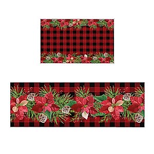 Merry Christmas Kitchen Rugs Sets 2 Piece Floor Mats Poinsettia Flowers Red Black Buffalo Plaid Doormat Non-Slip Rubber Backing Area Rugs Washable Carpet Inside Door Mat Pad Sets-16"x 24"+16"x47"