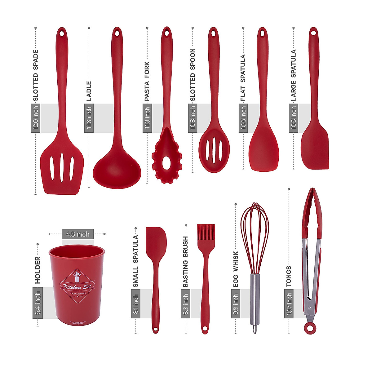 K & G Silicone Cooking Utensils Set 11 pcs red kitchen utensils set with holder, spatula, whisk, tongs, soup ladle, silicone spoon & more. Non-stick, dishwasher safe, odorless, cookware set friendly
