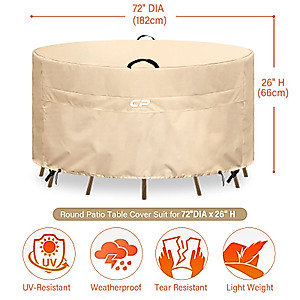 CAMPROS CP Round Patio Furniture Covers 72"Dia,Outdoor Table Covers for Round Table Chair Set/Fire Pit/Hot Tubs,Heavy Duty-Weatherproof/UV-Resistant Patio Cover-72”DIA*26”H-Beige