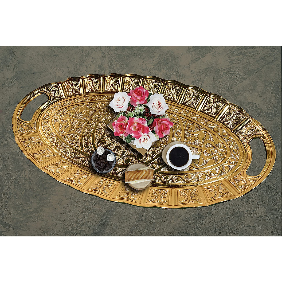 Turkish Tea Coffee Beverage Dinning Serving Tray Ellipse with Handled Ottoman Motif Decorative Middle Table Drink Serving Bathroom Oval Suitable for Gift Tray (14.1x8.2x1 INC) 35.8x20.5x2cm Gold