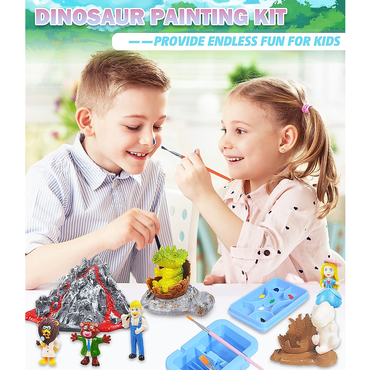 45 Pcs Dinosaur Painting Kit Toys for Kids Arts and Crafts Kit - Paint Your Own Dinosaur Toy Party Supplies Toy Dinosaur Figures W/Play Mat, Kid Paint Dino Toy Set Creativity Gift for Girl Boy Age 3+