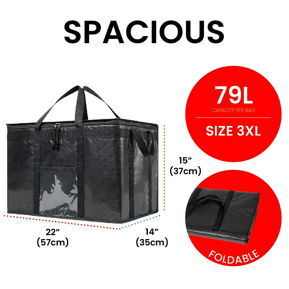 Durable 3XL PRO Insulated Cooler Bag and Food Warmer for Delivery & Grocery Shopping with Zippered Top, Black Commercial Grade (1 Pack)