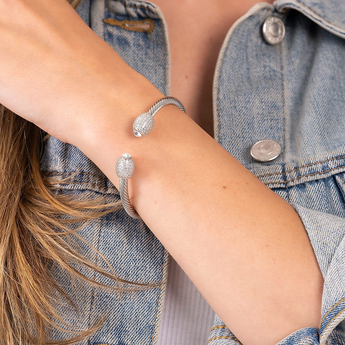 Barzel 18K Gold Plated Crystal Cable Bangle Bracelet For Women - Cuff Bangle Bracelet (Silver)