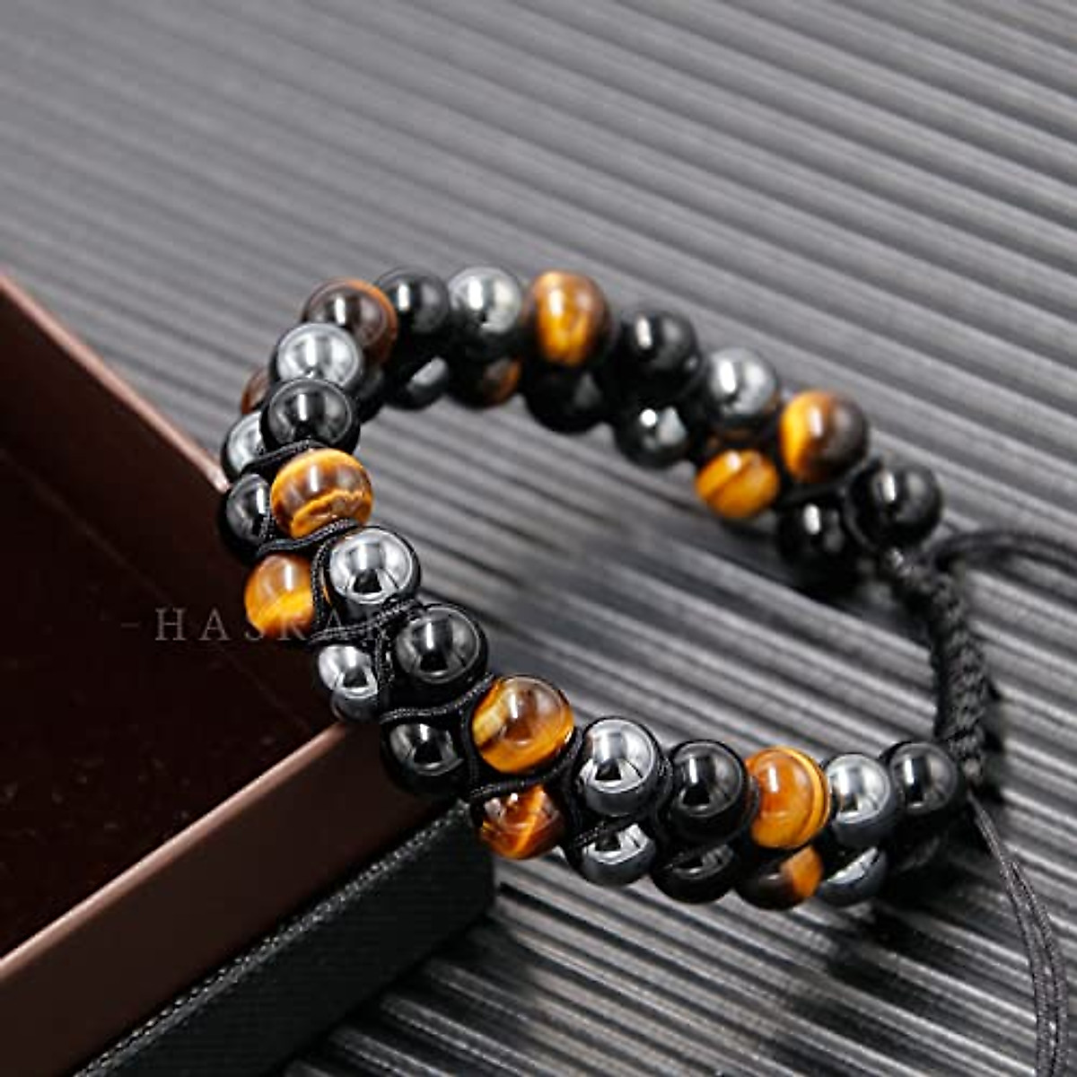 HASKARE Triple Protection Bracelet, Genuine Tigers Eye Black Obsidian and Hematite 8mm Beads Bracelet for Men Women, Crystal Jewelry Stone Bracelets Bring Luck and Prosperity and Happiness
