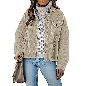 Dokotoo Womens Ladies Winter Autumn Fashion Oversized Long Sleeve Corduroy Jackets for Women Fashion Button Up Shacket Short Raw Hem Coats Outerwear with Pockets S Khaki
