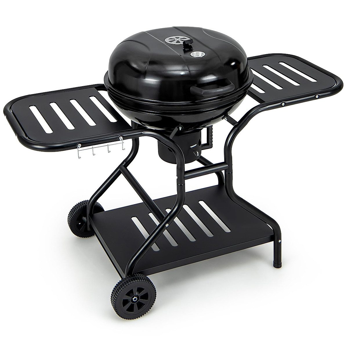 Giantex Kettle Charcoal Grill 22-Inch, Porcelain Enamel Body and Lid, 2 Side Tables with 4 Hooks, Storage Shelf, Upgraded Ash Catcher, Thermometer, Air Vents, Outdoor Cooking Barbecue Grill
