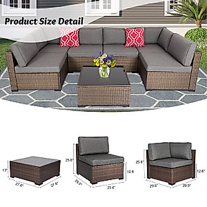JSUN7 7 Pieces Patio Couch Outdoor Furniture Sets PE Golden Brown Rattan Sectional Conversation Sofa Set Washable Cushions with Glass Coffee Table(Dark Gray)