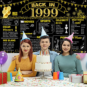 DARUNAXY 25th Birthday Black Gold Party Decoration, Back in 1999 Banner 25 Year Old Birthday Party Poster Supplies Vintage 1999 Backdrop Photography Background for Men & Women 25th Class Reunion Decor