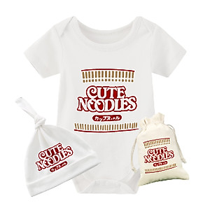 YSCULBUTOL Baby Twins Bodysuit Funny Ramen Outfit Noodle Funny Romper Baby Costume Jumpsuit Hat Bags（White Noodle 12M）