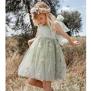 JISISANG Flower Girl Dresses for Wedding Toddler Short Floral Embroidered Tulle Bow-Knot Pageant Princess Boho Summer Swing Dress for Girls Kids Peach Pink 2