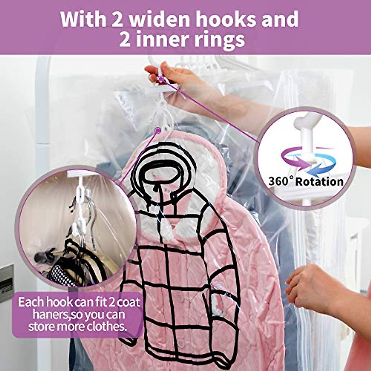 Meetall 4Pack Hanging Vacuum Storage Bag Reusable Space Saver Compressed Bag with Hangers.2pcs in 26.3x35.4inch(67x90cm) and 2pcs in 26.3x43.3inch (67x110cm).Work with Any Vacuum Cleaner.