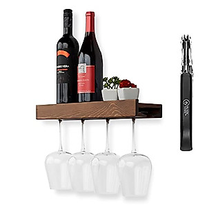 Rustic State Smith Wall Mounted Wine Rack with Cork Opener -Wine Glass Bottle Holder Wood Floating Hanging Wine Shelf Storage Organizer - Home Kitchen Dining Room Bar Décor - Walnut