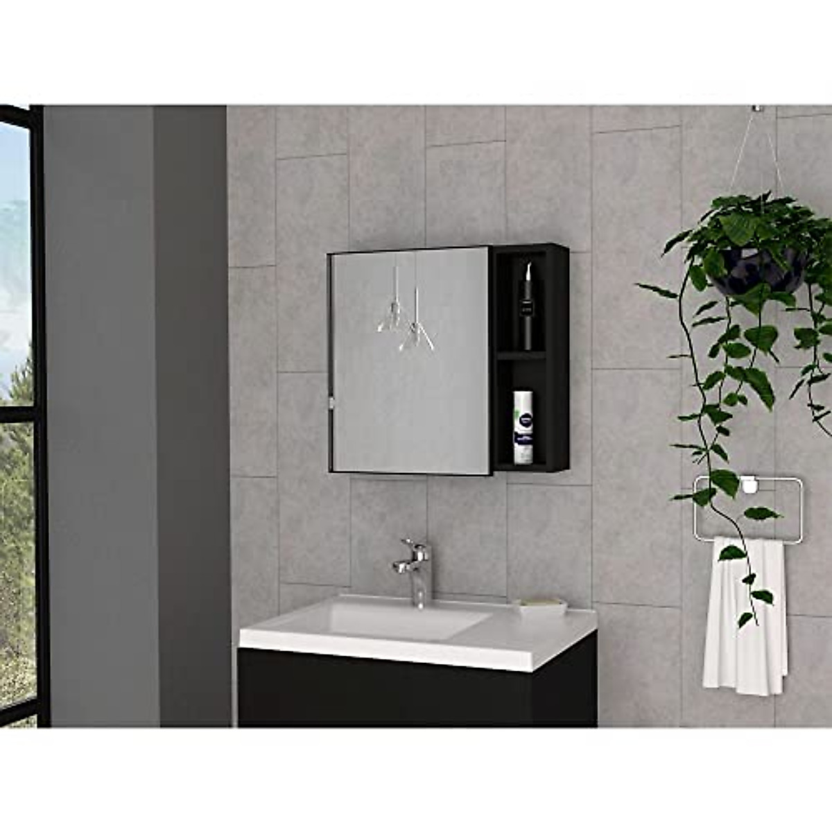 Queets Medicine Single Door Cabinet with Mirror, 2 Open Shelves, and 3 Inner Shelves, Black