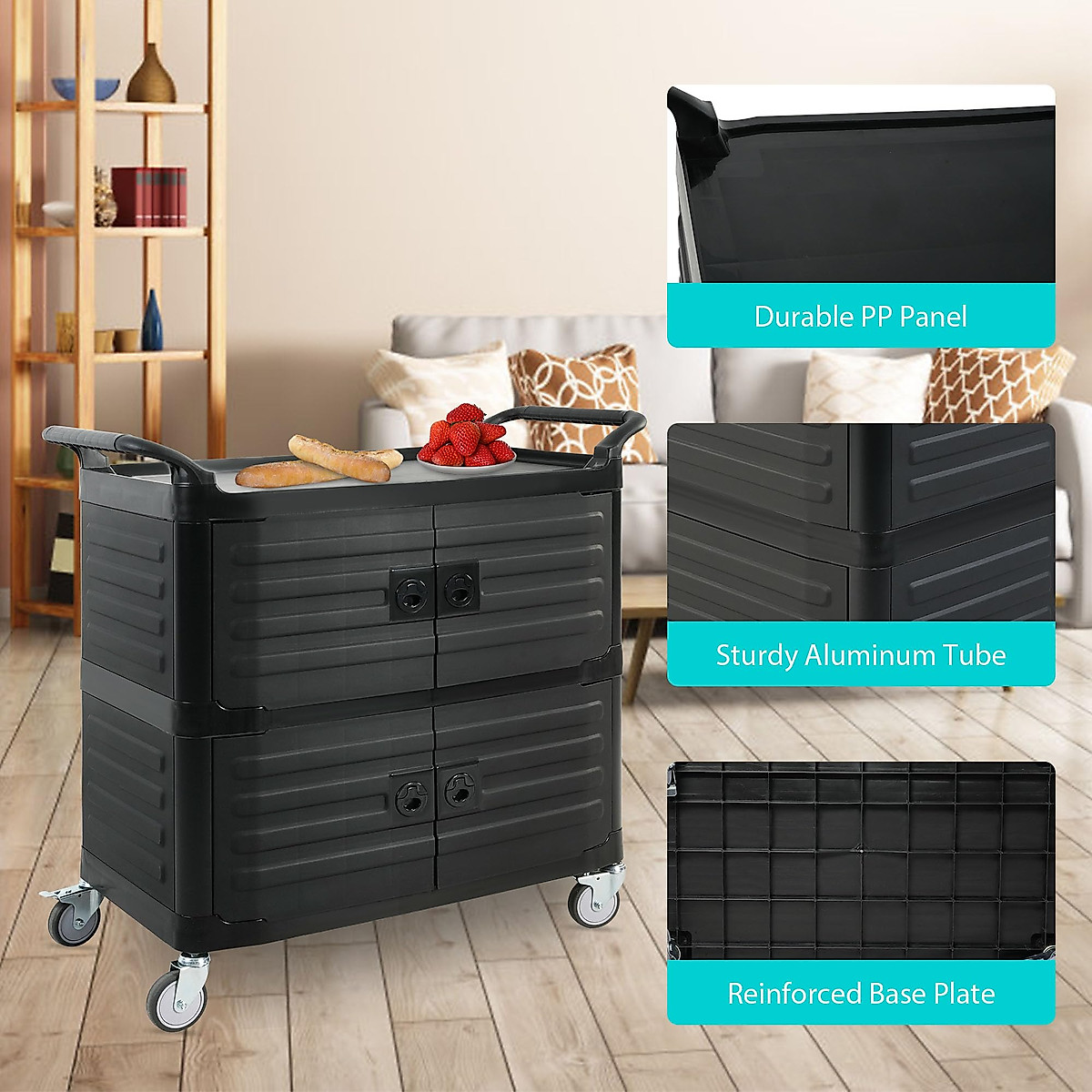 3-Tier Service Utility Carts on Wheels, Mobile Kitchen Cart with Handle & Storage Cabinet, Portable Rolling Cart for Home Hotel Restaurant (Black)