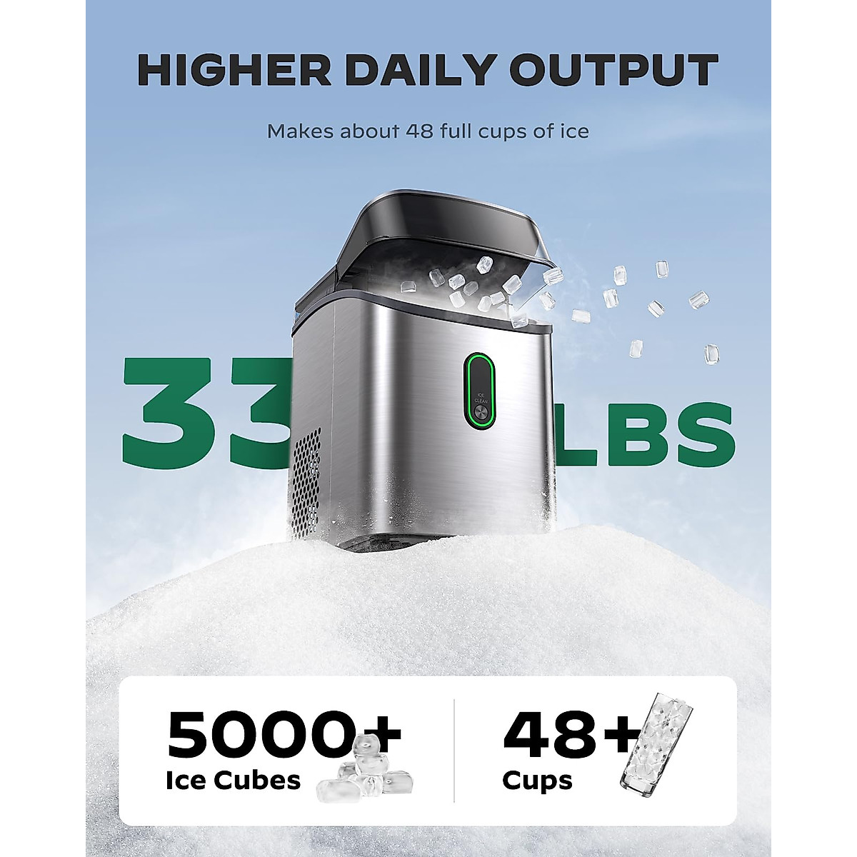 Silonn Nugget Ice Maker Countertop, Pebble Ice Maker with Soft Chewable Ice, One-Click Operation Ice Machine with Self-Cleaning, 33lbs/24H for Home,Kitchen,Office