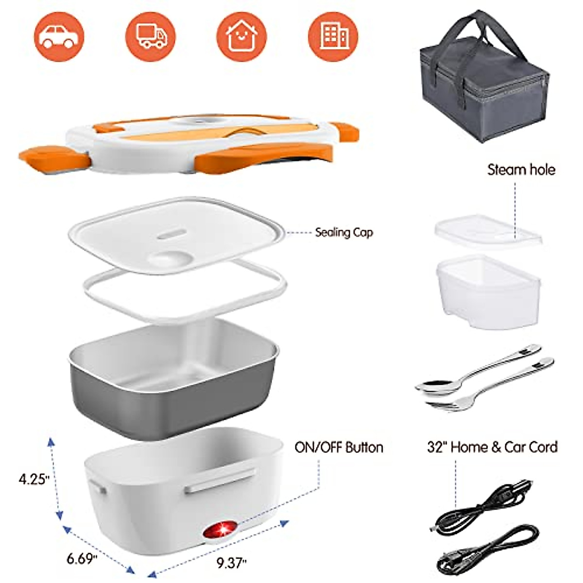 COCOBELA Electric Lunch Box Food Heater, Portable Food Warmer for Car Truck Home Work Adults Food Heating, Leak Proof, 1.5L Removable 304 Stainless Steel Container, 110V/12V/24V