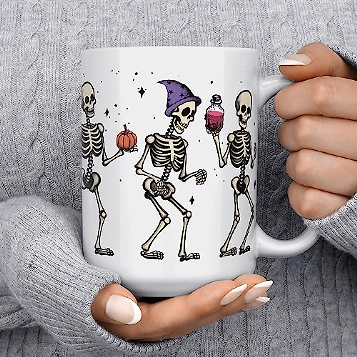 Dancing Skeleton Halloween Fall Autumn Season Coffee Mug, Spooky Pumpkin Potion Cup, Gift for Friend, Coworker (15oz)